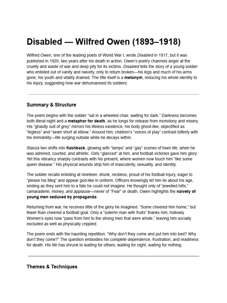 Wilfred Owen's "Disabled": A War Indictment | PDF
