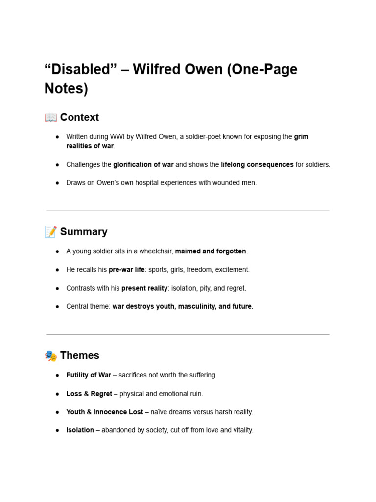 Analysis of Wilfred Owen's "Disabled" | PDF