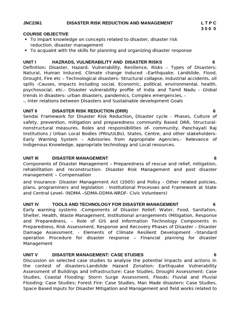 Jnc2361 Disaster Risk Reduction and Management Syllabus | PDF | Natural ...