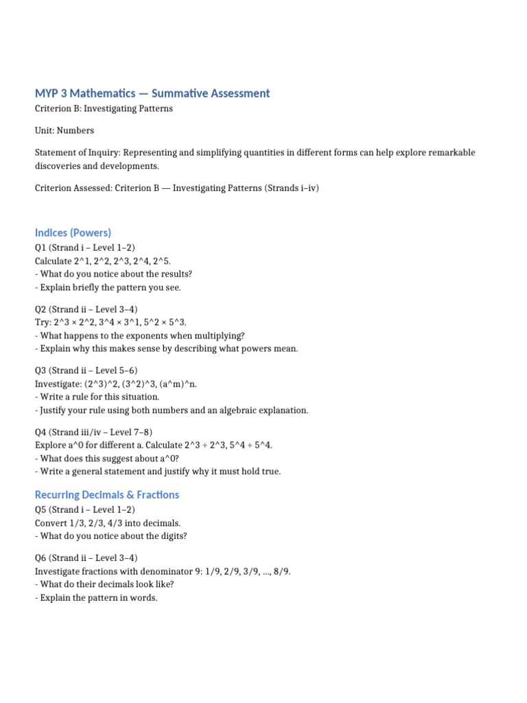 MYP3 Summative Assessment Numbers CriterionB Patterns TSC | PDF ...