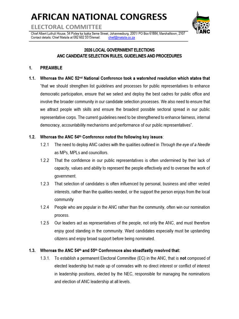 ANC 2026 Candidate Selection Guidelines | PDF | African National ...