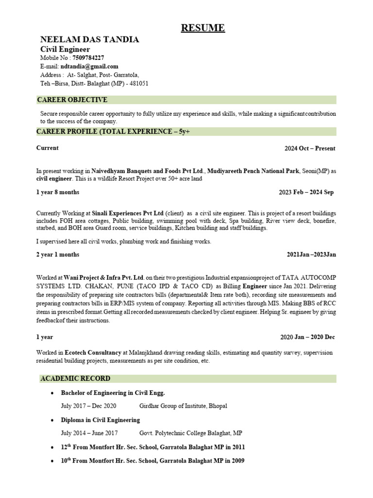 Neelam Das - Tandia - Resume | PDF | Engineering
