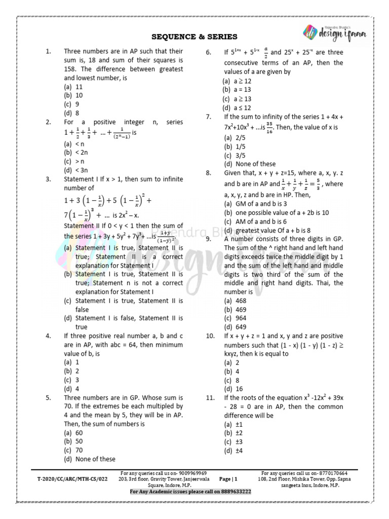 Class Sheet-Sequence - Series | PDF | Elementary Mathematics | Mathematical Analysis