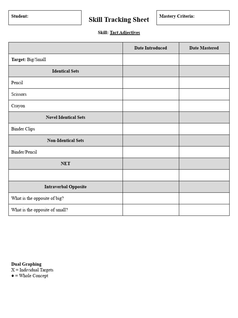 Skill Tracking Sheet: Big/Small | PDF