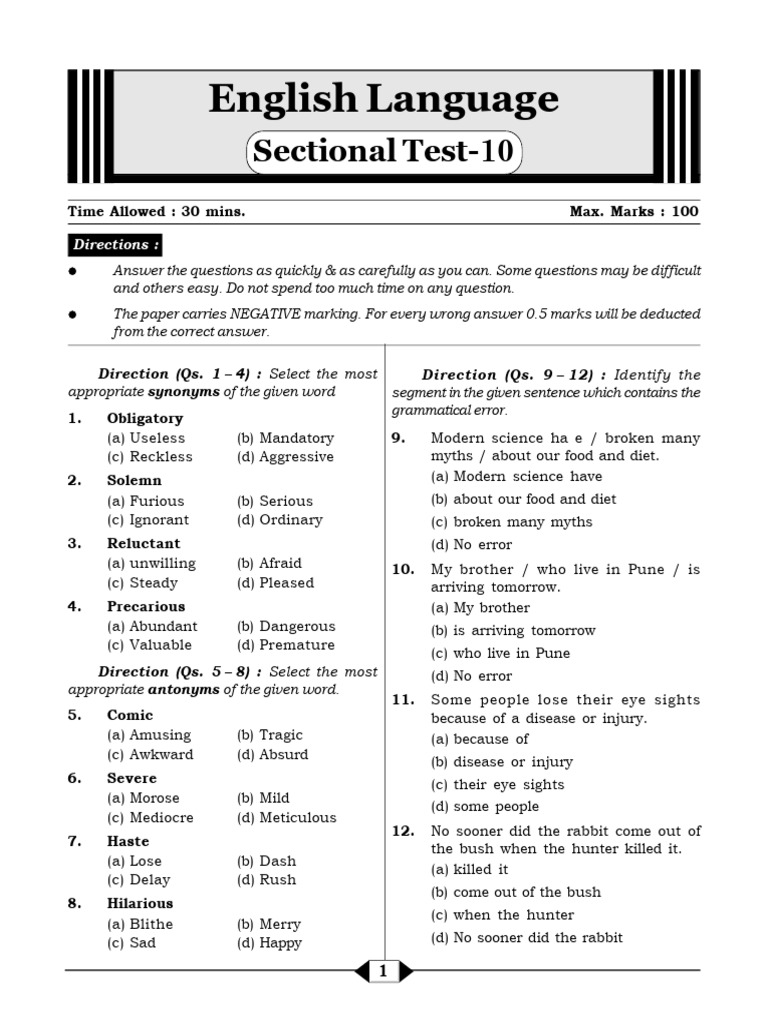 English Language Synonyms and Antonyms Test | PDF | Linguistics | Grammar