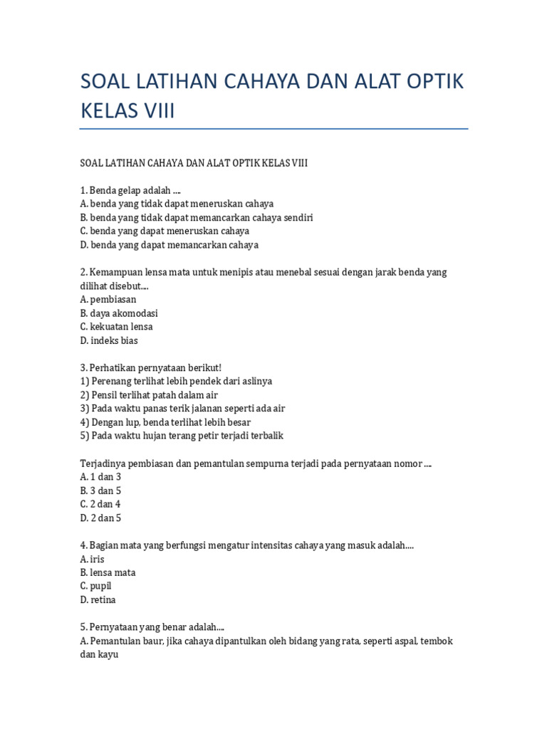 Soal Latihan Cahaya dan Alat Optik VIII | PDF