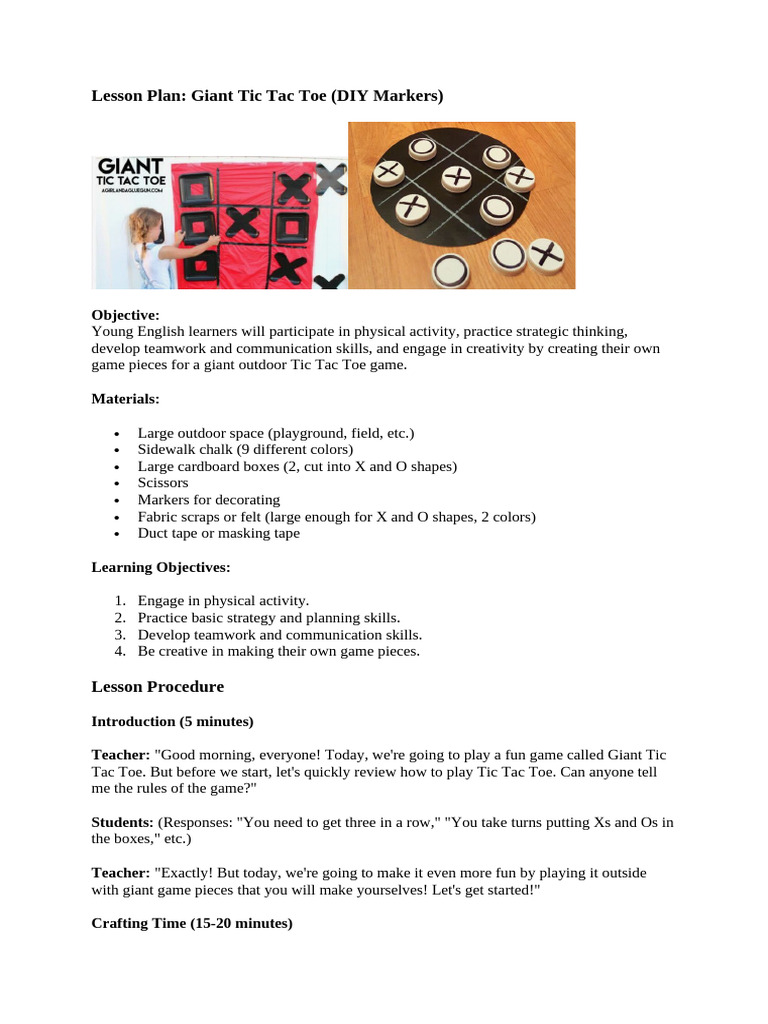 Giant Tic Tac Toe Lesson Plan for Kids | PDF | Lesson Plan | Learning