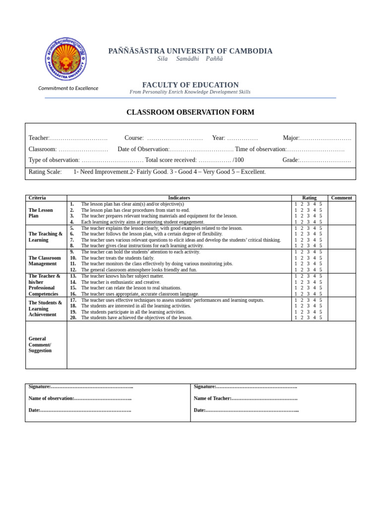 CLASSROOM OBSERVATION FORM | PDF | Teachers | Lesson Plan