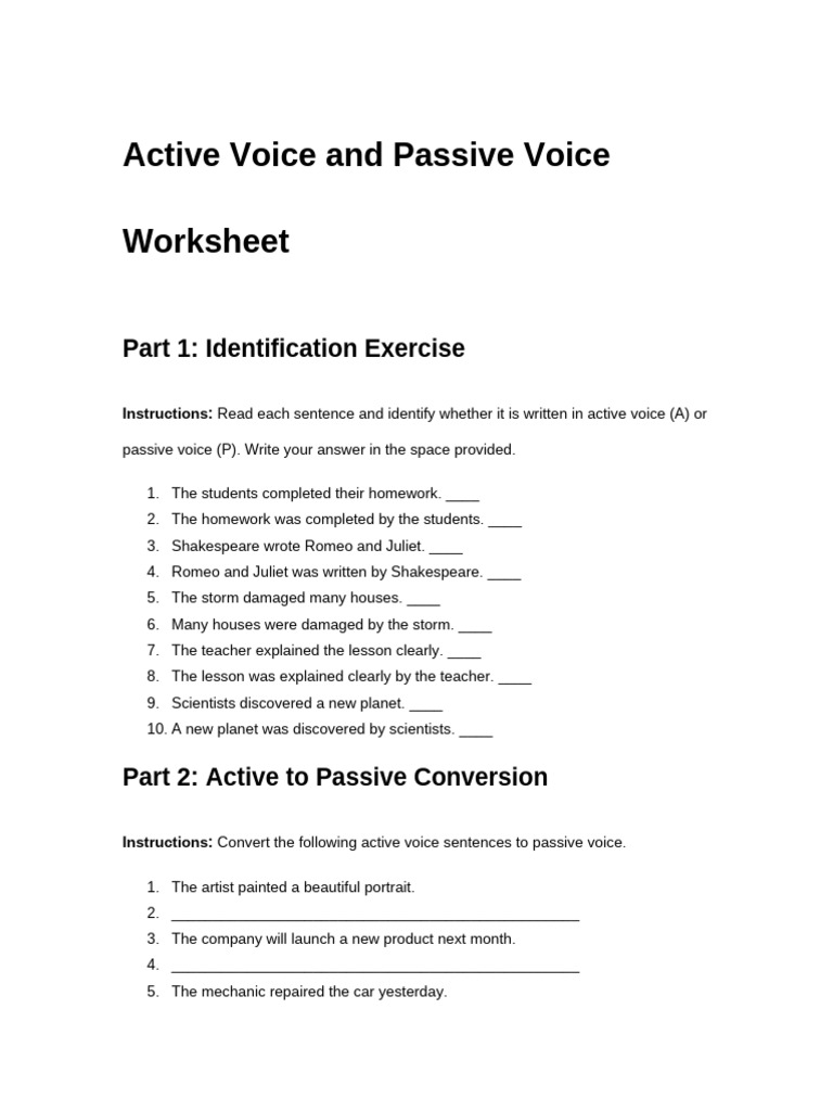 Active and Passive Voice - Exercises Only | PDF
