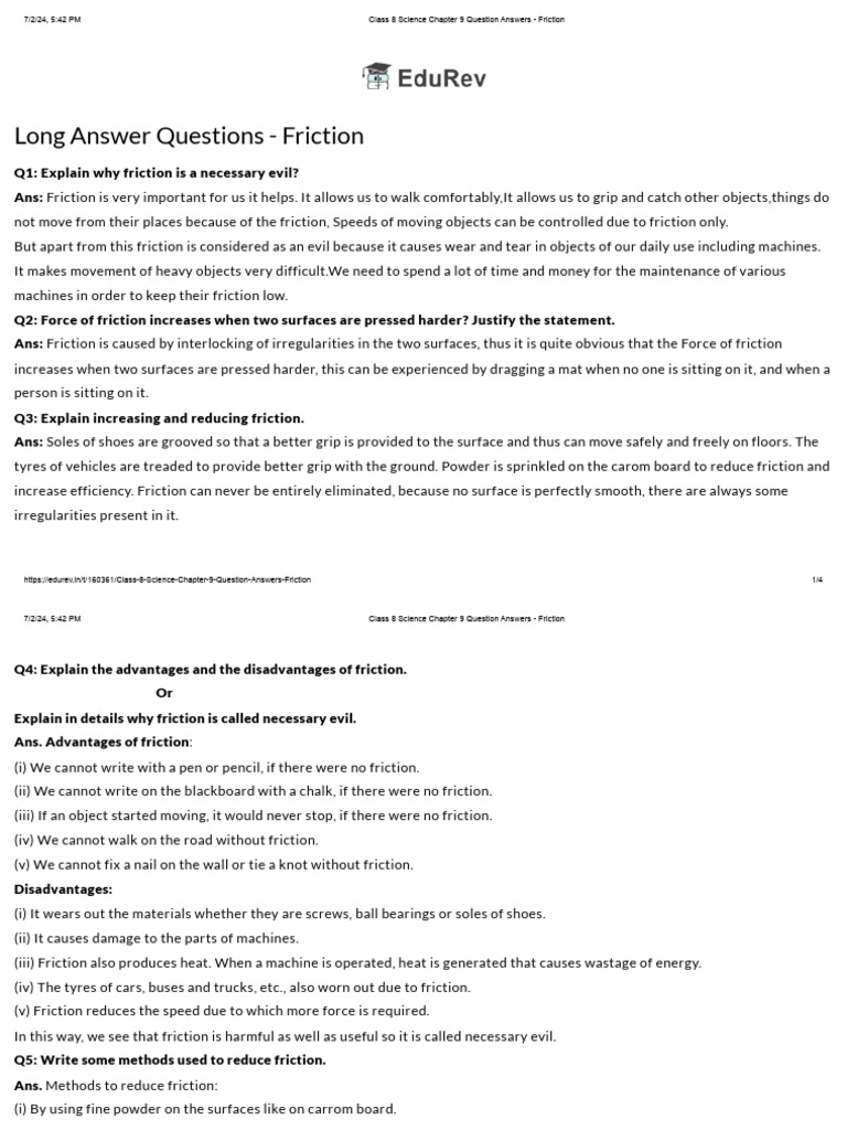 Class 8 Science: Friction Q&A Guide | PDF | Friction | Classical Mechanics