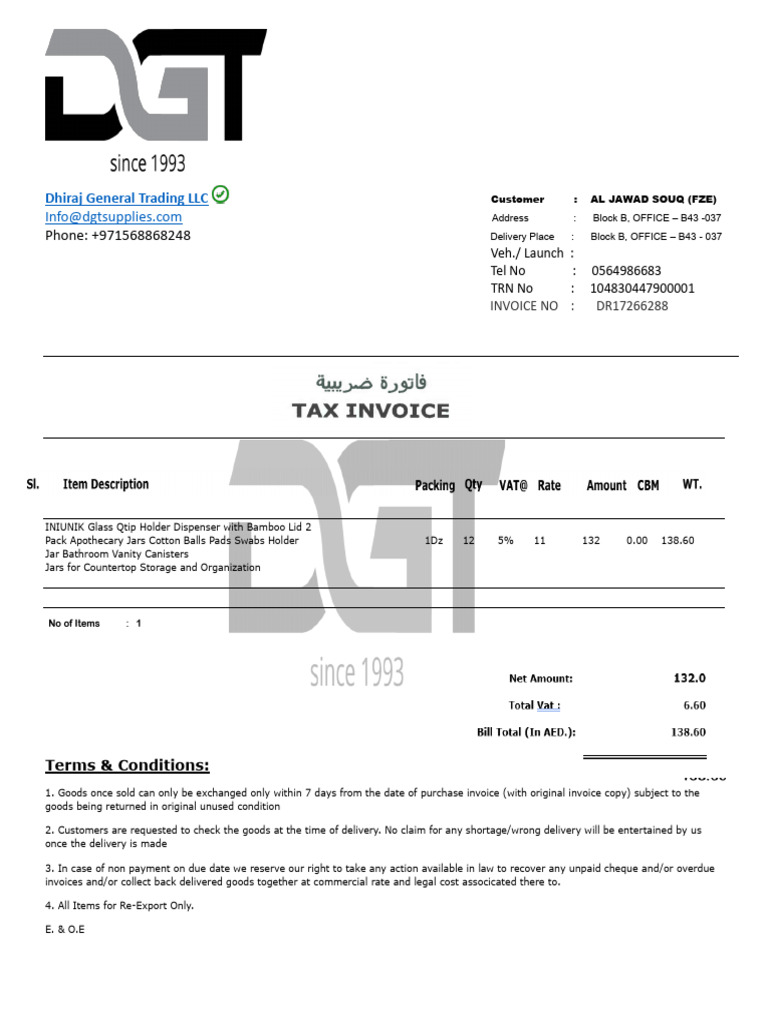 Dhiraj General Trading LLC Invoice Details | PDF