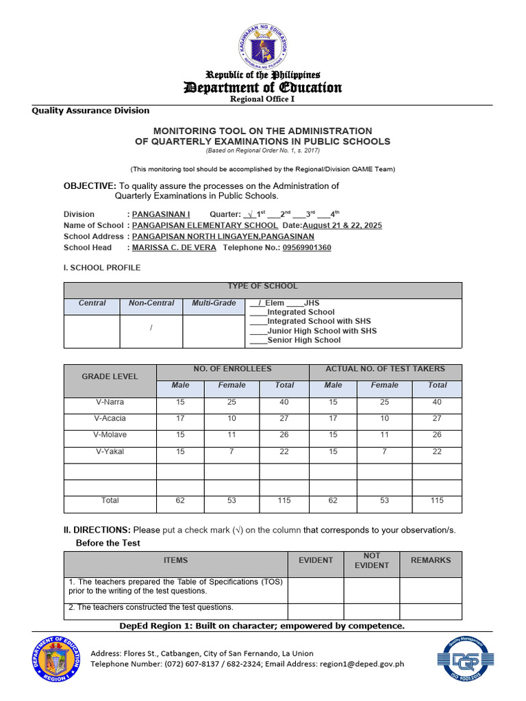 Monitoring Tool for Quarterly Exams | PDF