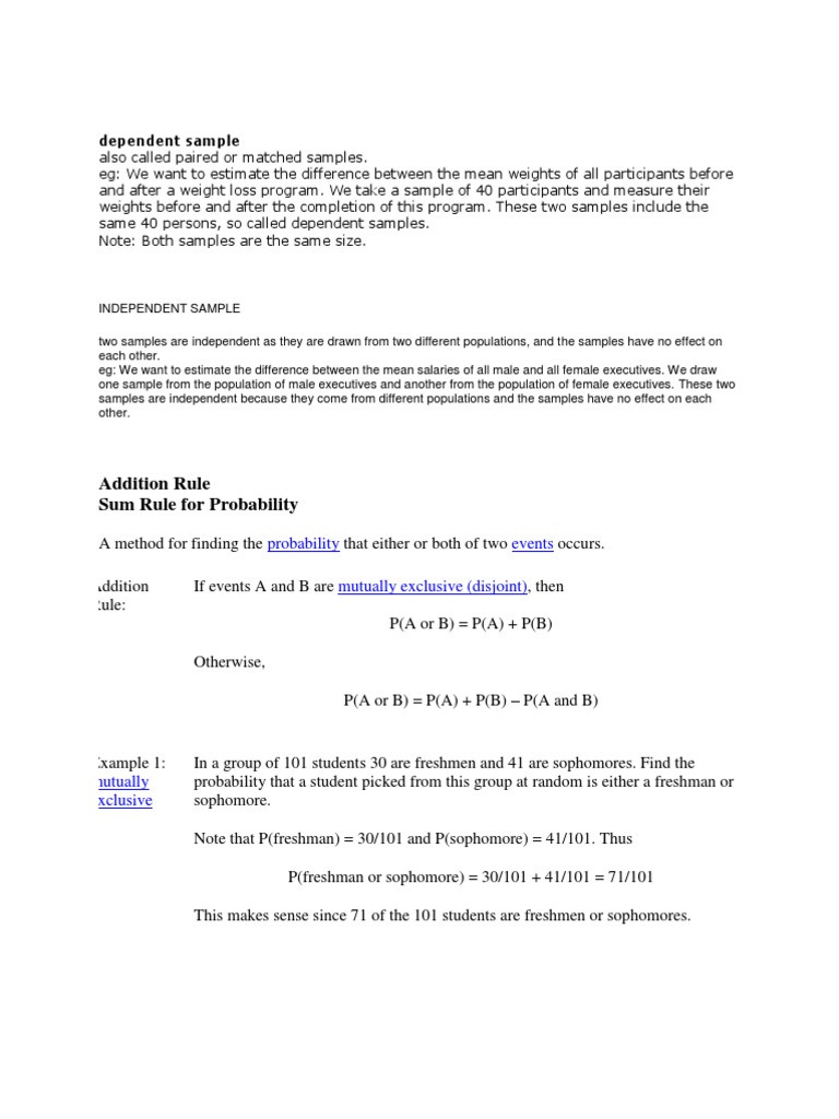 Addition Rule Sum Rule For Probability: Dependent Sample | PDF ...