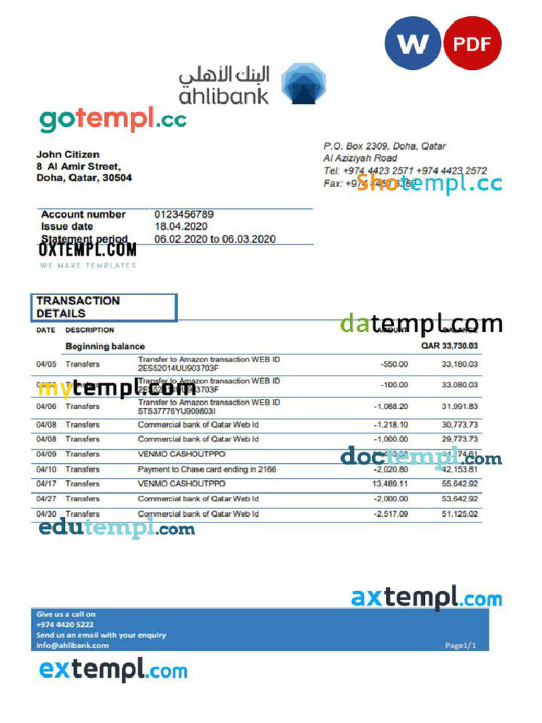 Doctempl - Qatar Ahlibank Proof of Address Bank Statement Template in Word and PDF Format, .Doc ...
