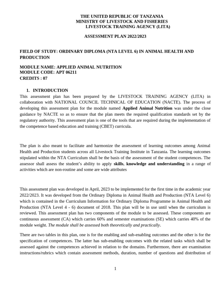 Applied Animal Nutrition Assessment Plan Sem II 2023 | PDF | Curriculum ...