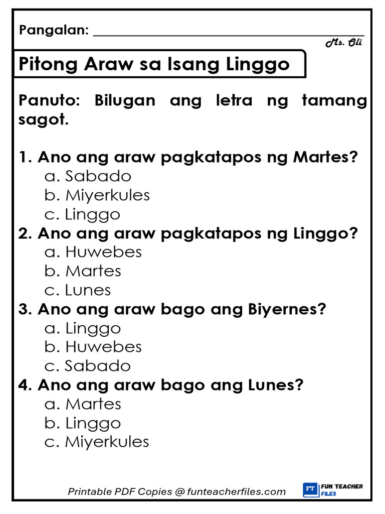 Pitong Araw Sa Isang Linggo Worksheet 2 | PDF