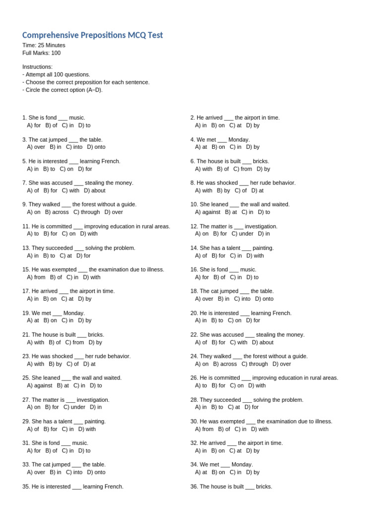 Prepositions MCQ Test Instructions | PDF | Multiple Choice | Chess Theory