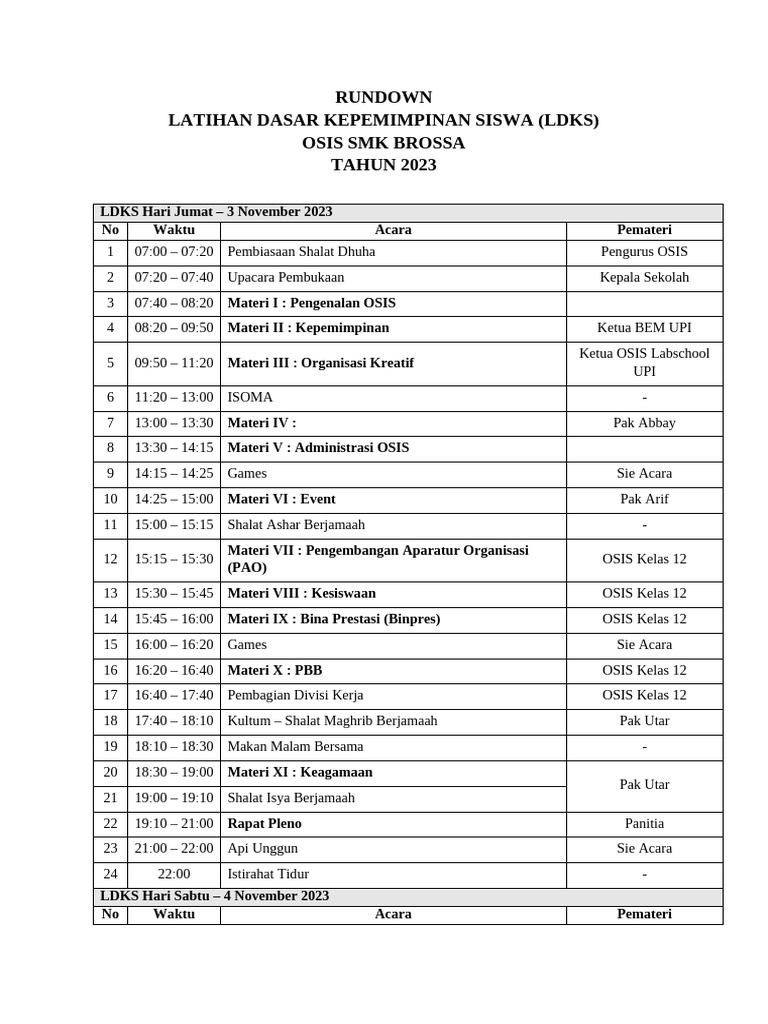 Rundown LDKS OSIS SMK BROSSA 2023 | PDF