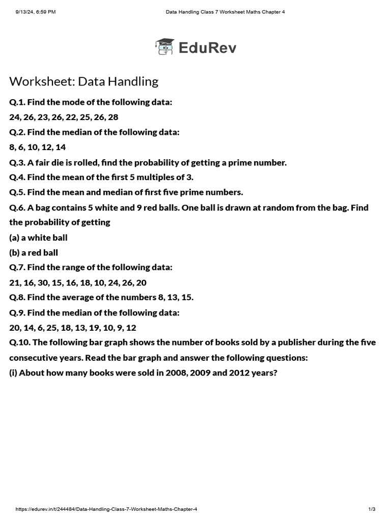 Data Handling Class 7 Worksheet Maths Chapter 4 | PDF | Mean | Median