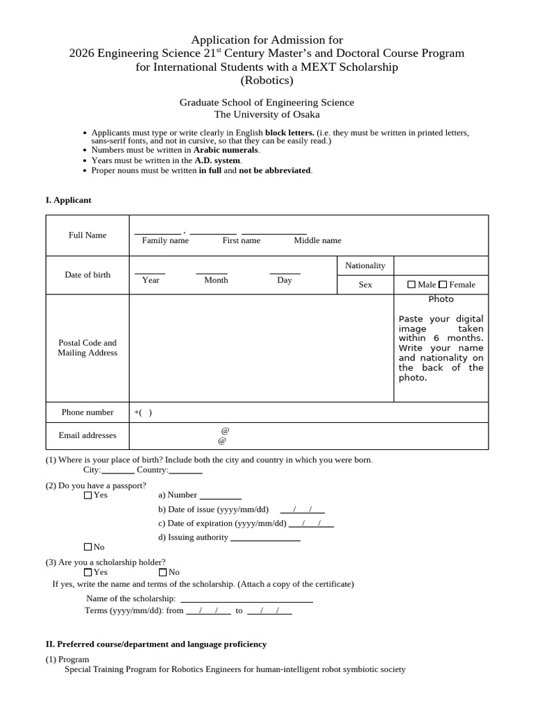 2026 MEXT Robotics Admission Application | PDF | Test Of English As A ...