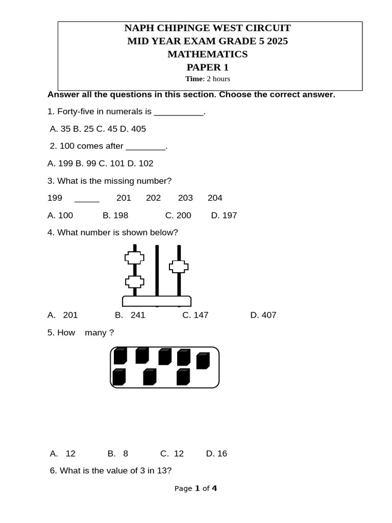 Grade 5 Mathematics Mid-Year Exam 2025 | PDF | Kilogram | Gram