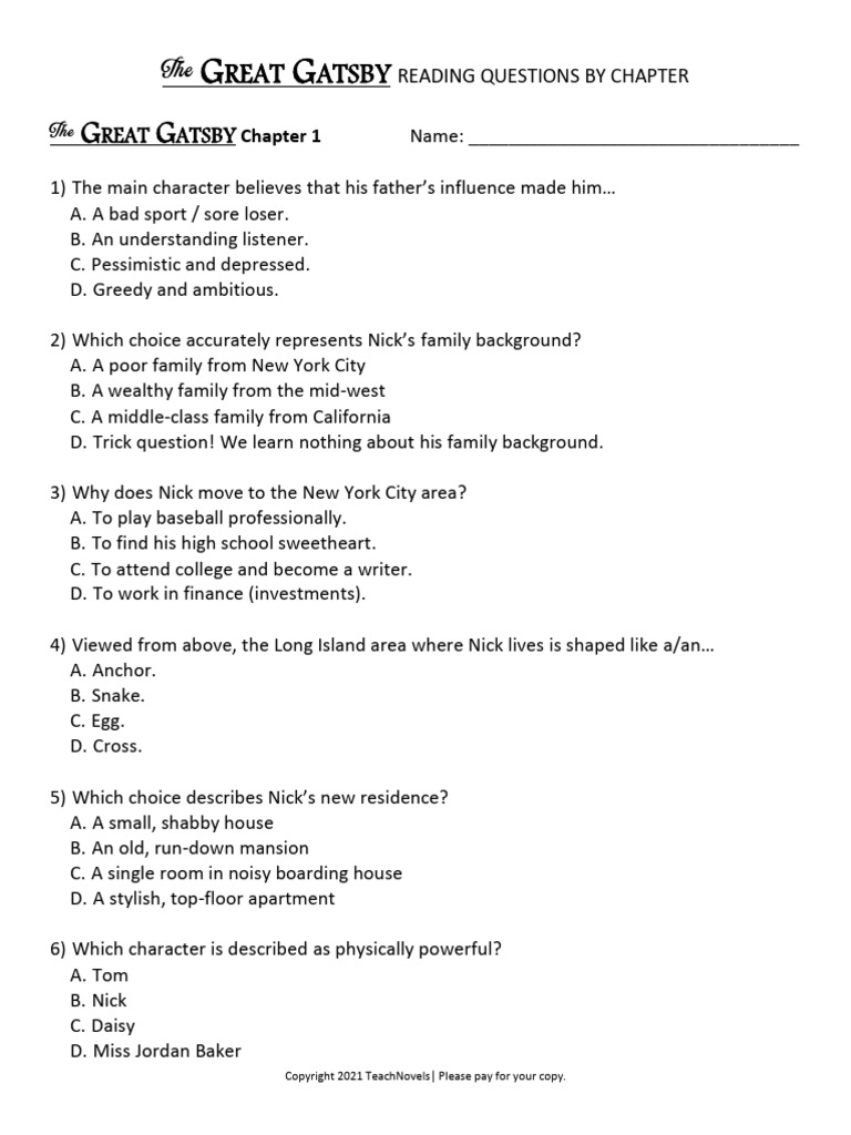 THE GREAT GATSBY Reading Questions by Chapter SAMPLE | PDF | The Great ...