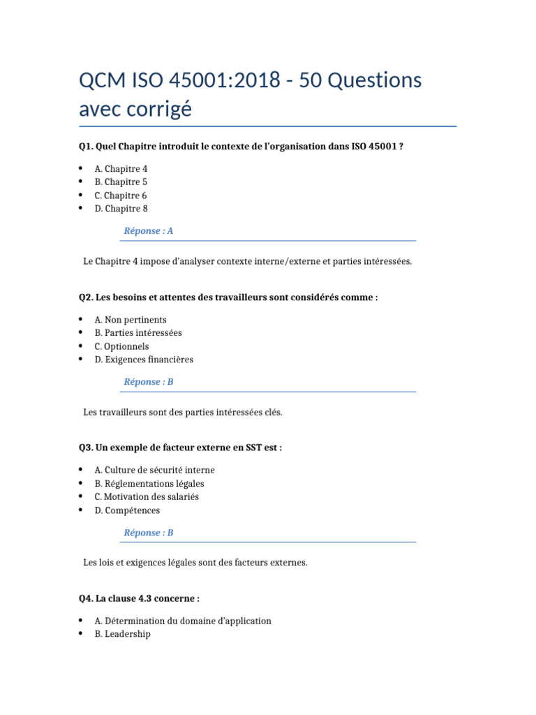 QCM ISO 45001:2018 - 50 Questions et Corrigés | PDF | Risque | Business