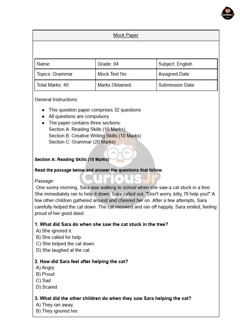 Mockpaper Gr4 August PDF | PDF | Verb | Adverb