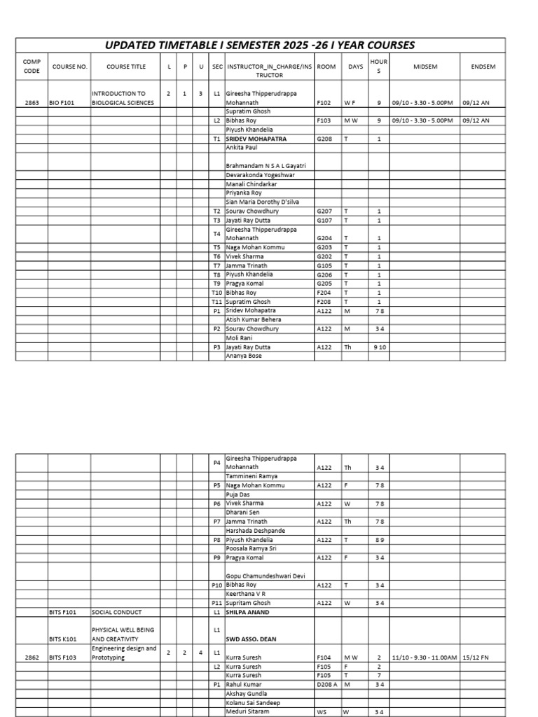 Updated Semester 1 Timetable 2025-26 | PDF