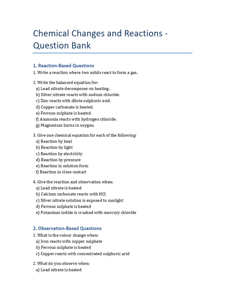 Chemical Reactions Question Bank | PDF | Chemical Reactions | Silver