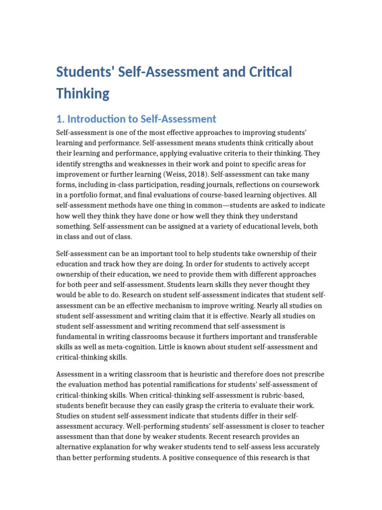 Students' Self-Assessment and Critical Thinking | PDF | Educational ...