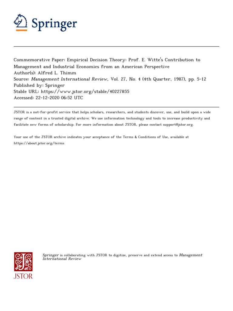 Prof. E. Witte's Contribution To Management and Industrial Economics ...