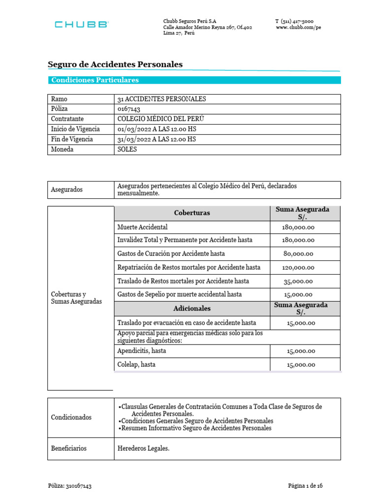 Seguro de Accidentes Personales Chubb Perú | PDF | Seguro de vehículo ...