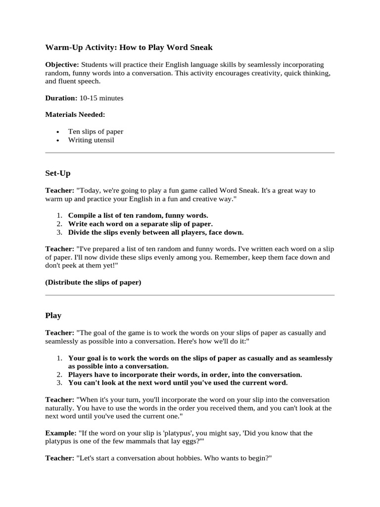 Warm-Up Activity How To Play Word Sneak | PDF | Human Communication