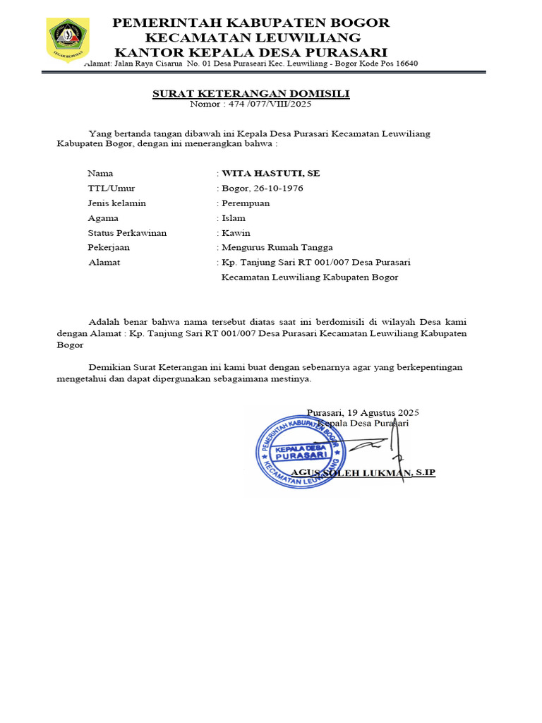 Surat Keterangan Domisili Purasari | PDF