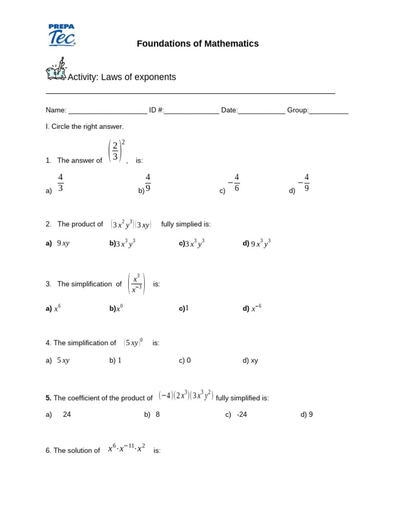 Laws of Exponents Practice Worksheet | PDF
