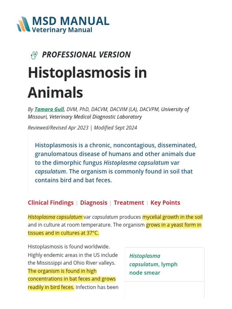 Histoplasmosis in Animals - Infectious Diseases - MSD Veterinary Manual ...