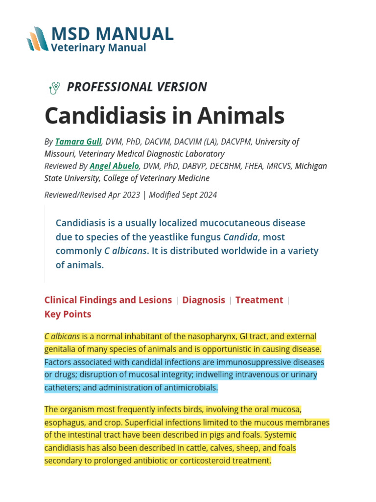 Candidiasis in Veterinary Medicine | PDF | Candidiasis | Medical ...