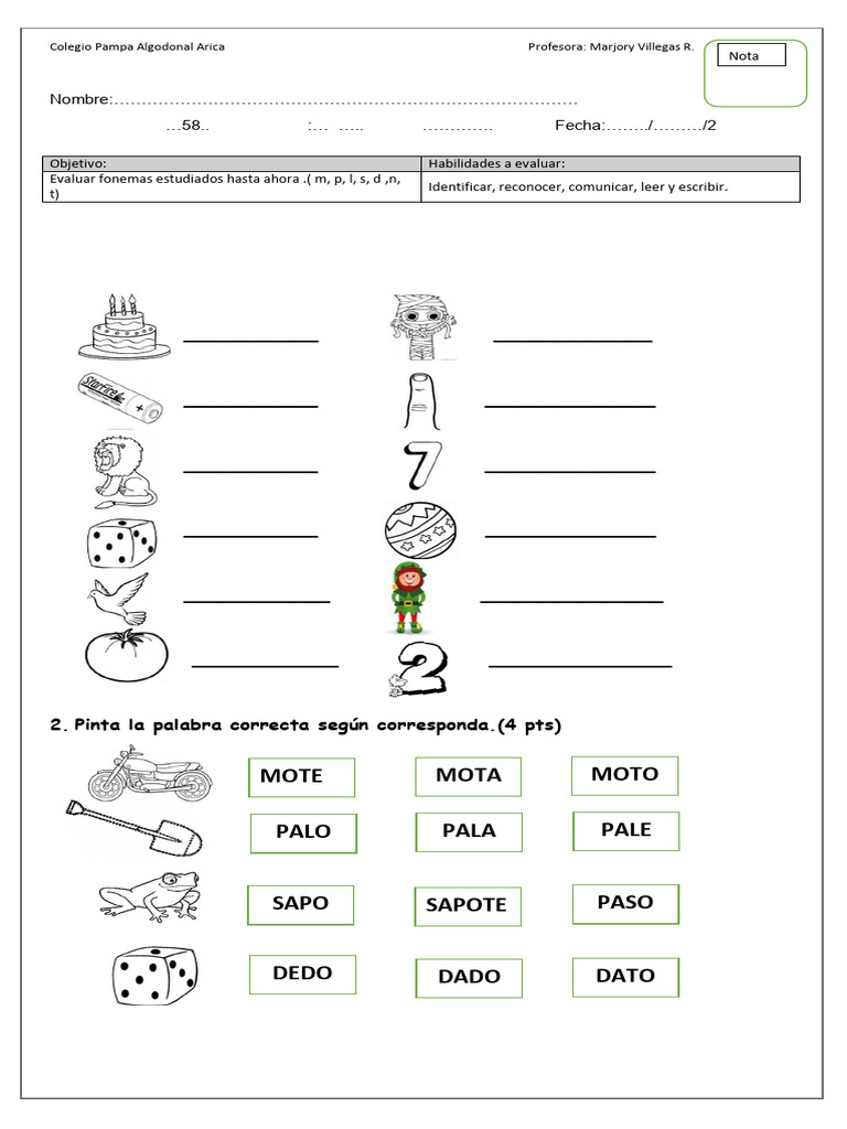 Prueba de Lenguaje 2 Basico Letras en Estudio L, M, S, T, D, N PDF | PDF
