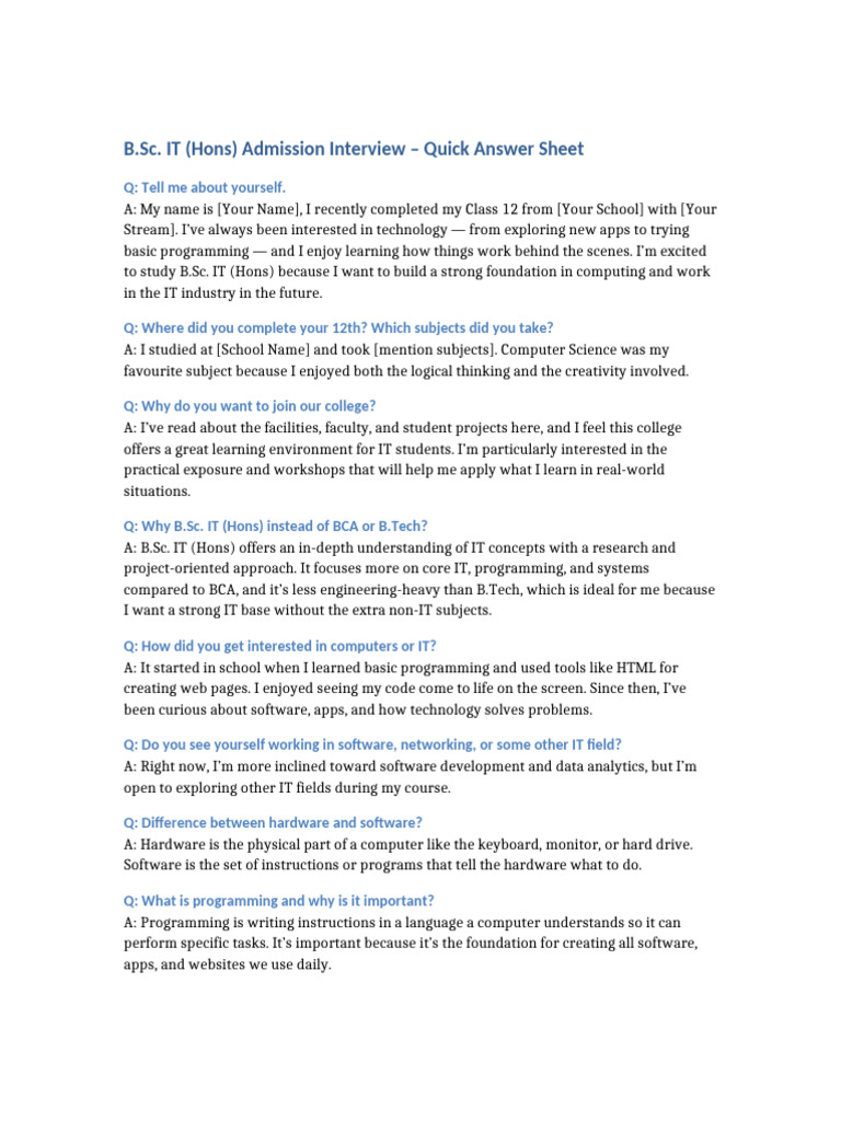 BSC IT Hons Admission Interview Answers | PDF | World Wide Web | Internet & Web