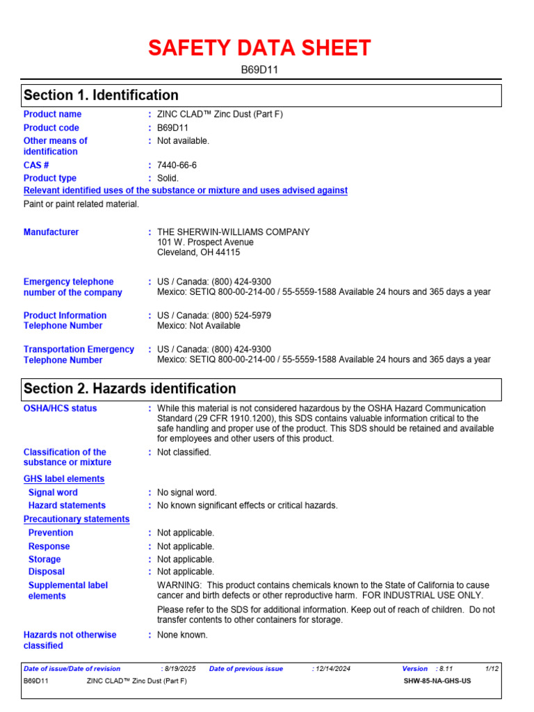 Zinc Clad™ Zinc Dust Safety Data Sheet | PDF | Occupational Safety And ...
