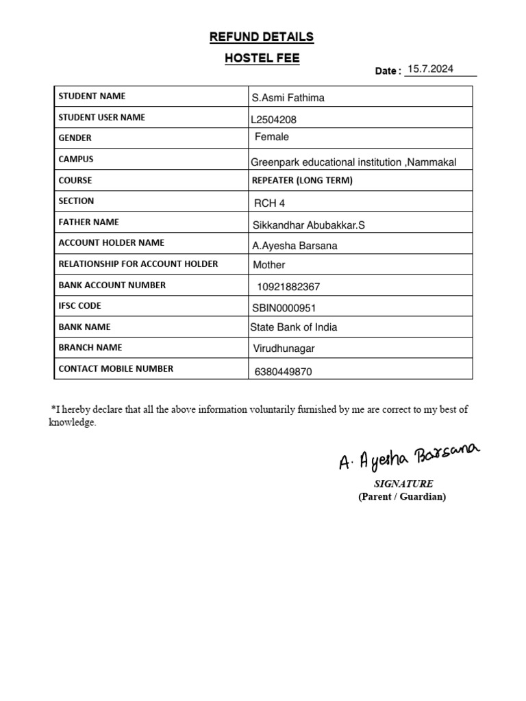 Refund Details Hostel FEE | PDF