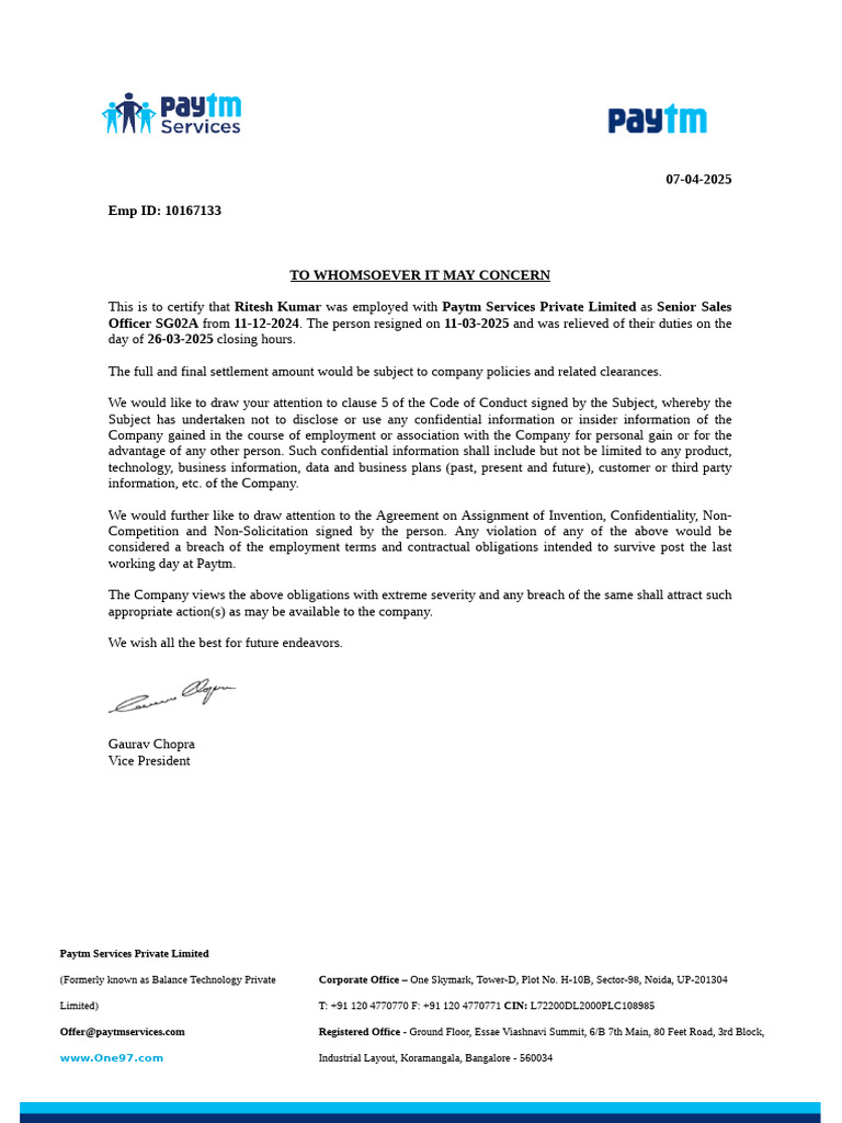 Paytm Relieving Letter for Ritesh Kumar | PDF