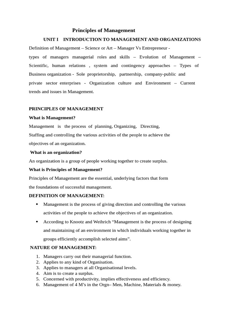Principles of Management Notes - UNIT I | PDF | System | Operations ...
