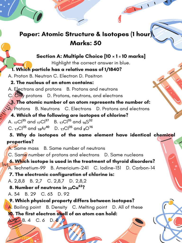Atomic Structure and Isotopes Question Paper | PDF | Isotope | Atoms