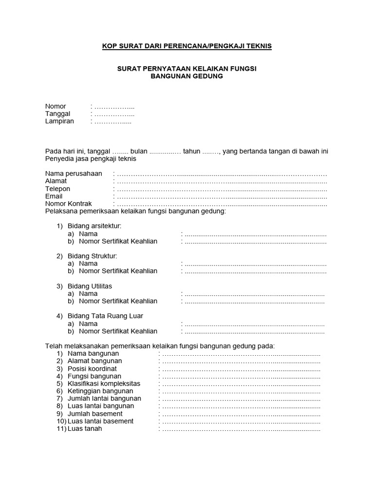 Surat Pernyataan Laik Fungsi Gedung | PDF