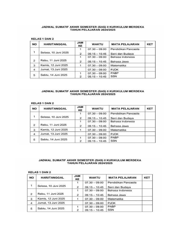 Jadwal Sas 2025 SD | PDF