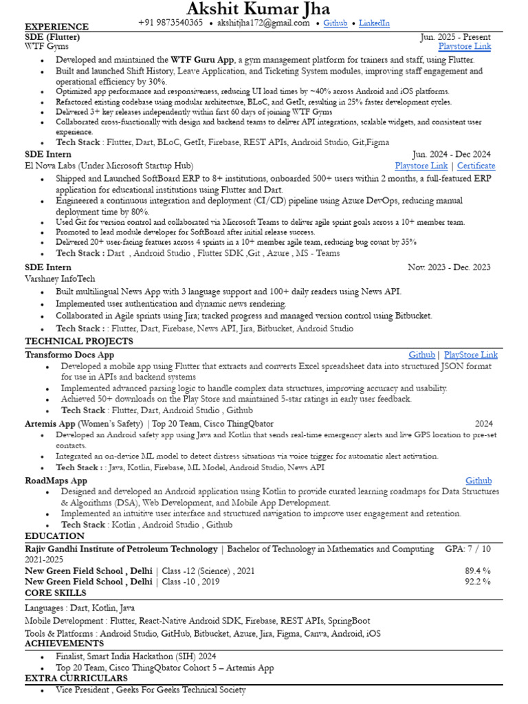 Akshit Jha: Flutter Developer Resume | PDF | Mobile App | Android (Operating System)