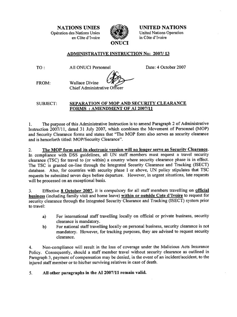 Separation of MOP and Security Clearance Forms Amendment of AI 2007 11 ...