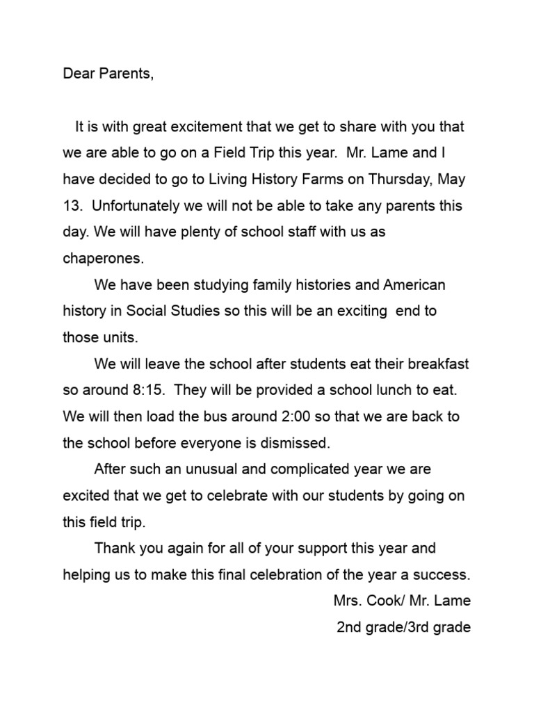 Field Trip Letter To Parents | PDF